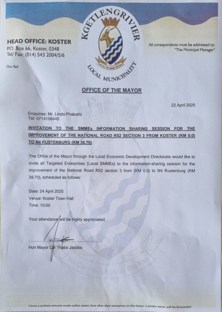 Invitation to SMMEs Information Sharing Session for National Road R52 ...